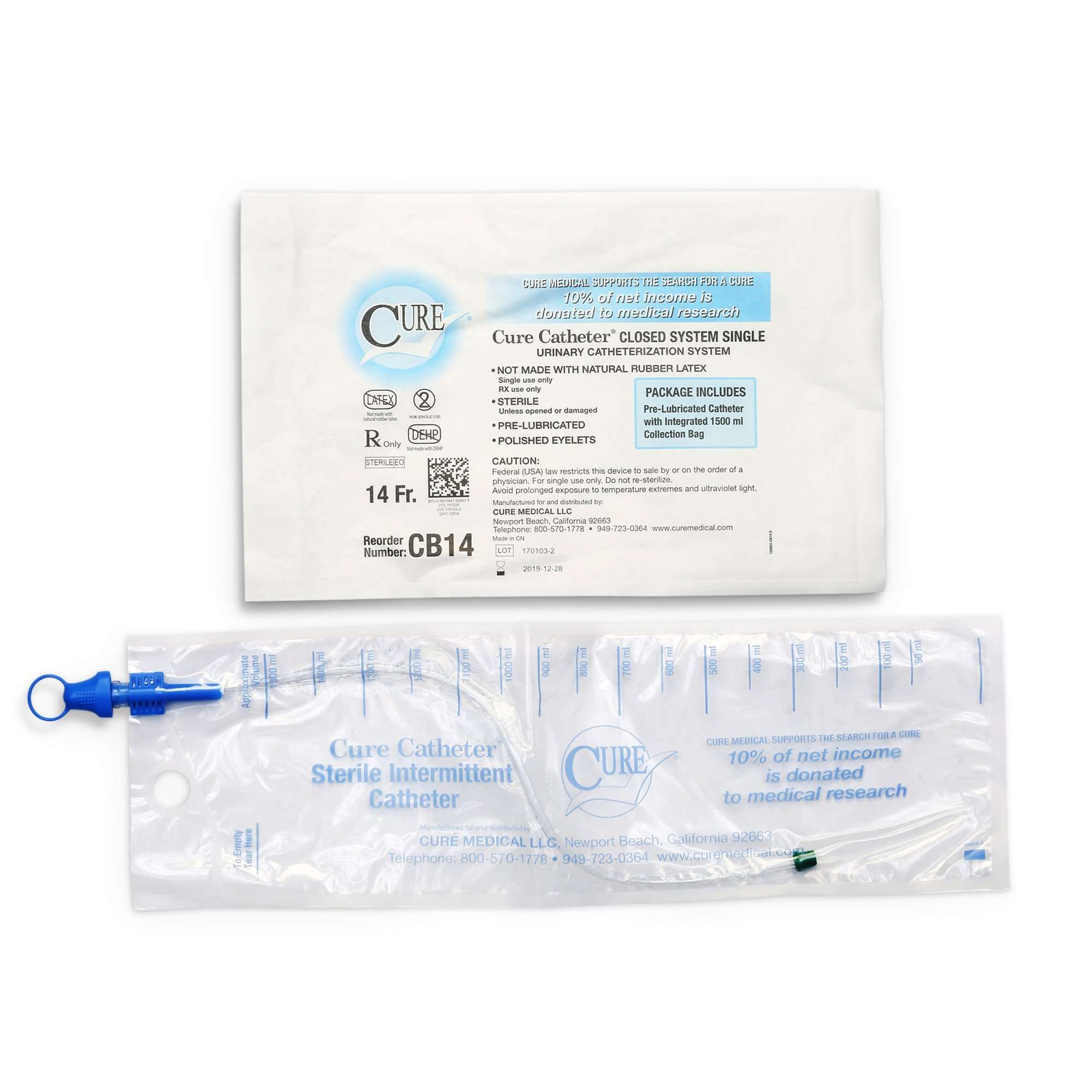 Cure Closed System Intermittent Catheter, 14 Fr - Case of 100