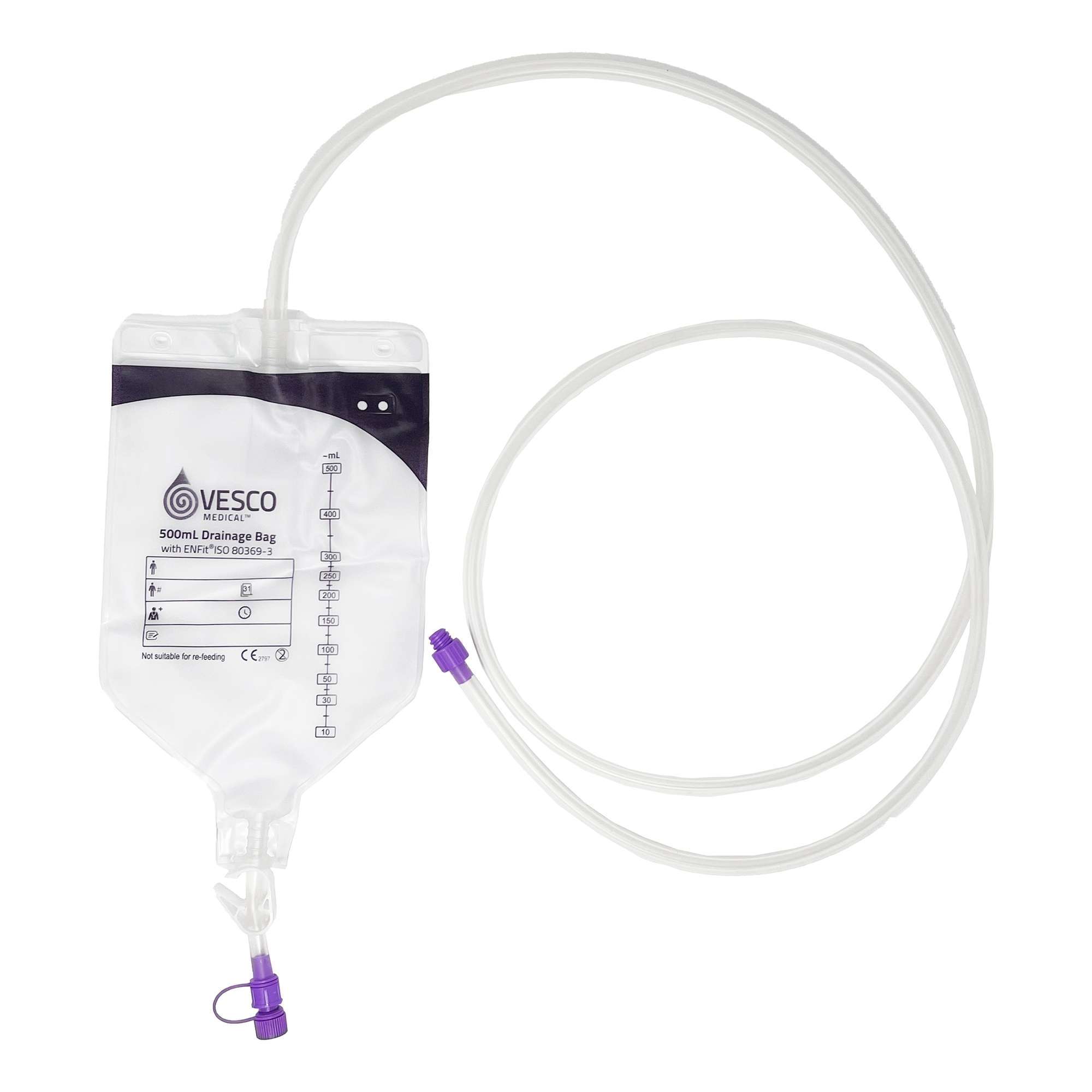 Vesco Medical Enteral Drainage Bag with ENFit Connector, 60 Inch, 500 ...