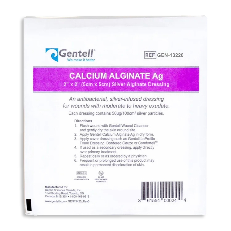 Gentell Calcium Alginate Ag Silver Alginate Dressing, 2 x 2 Inch