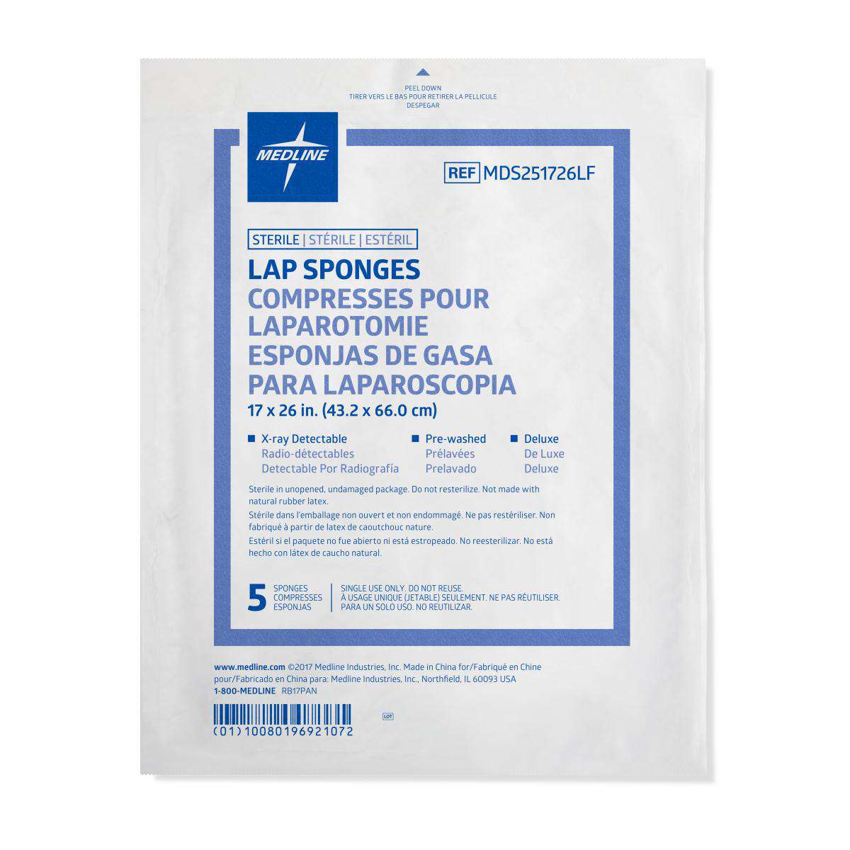 Medline X-Ray Detectable Sterile Lap Sponge, 17" x 26" - Package of 5