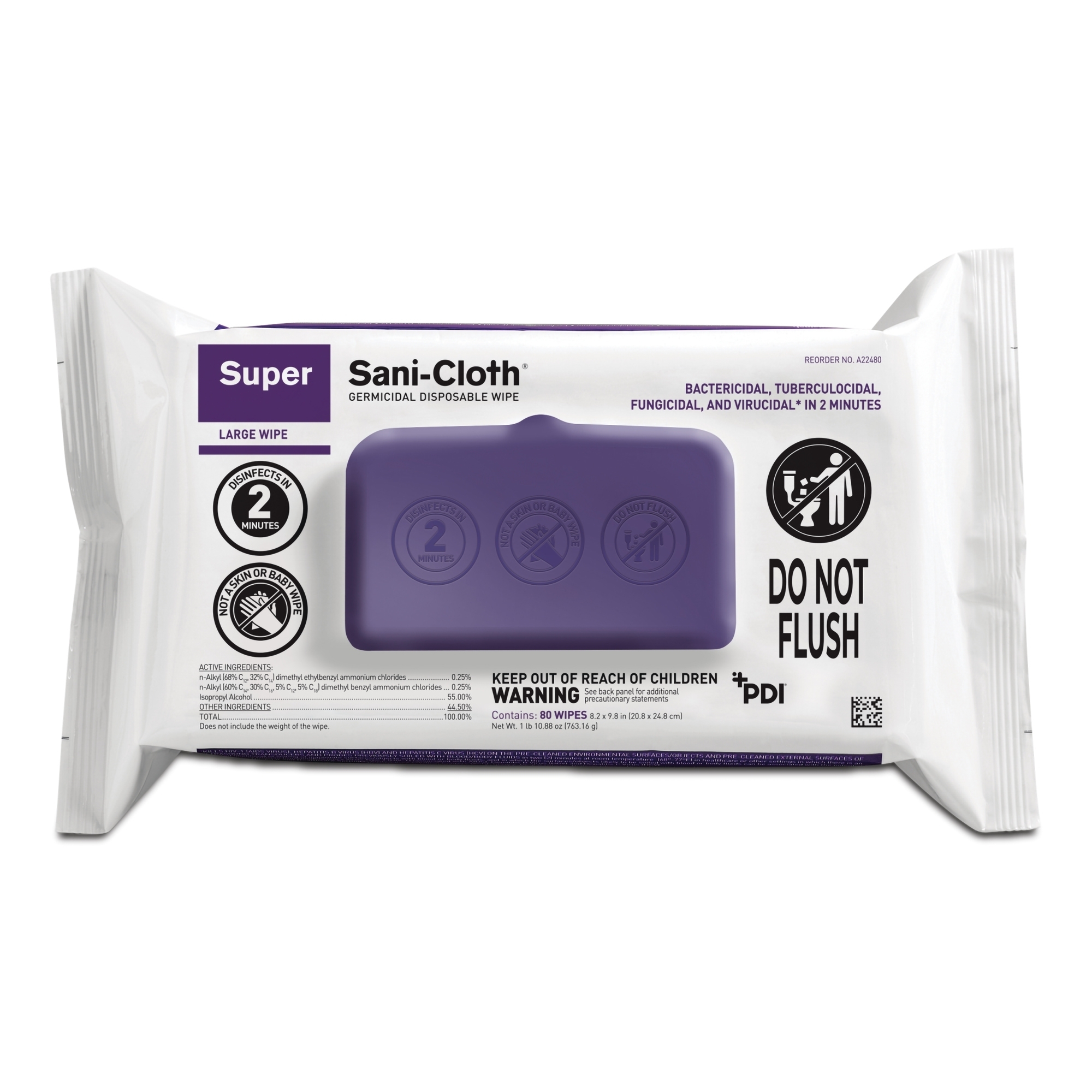 Super Sani-Cloth Germicidal Disposable Wipes, Soft Pack, Large - Box of 80