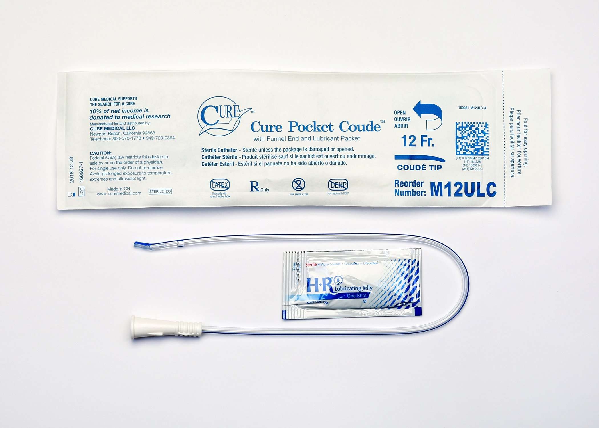 Cure Pocket Catheter for Male with Lubricant, 12 Fr - Case of 300