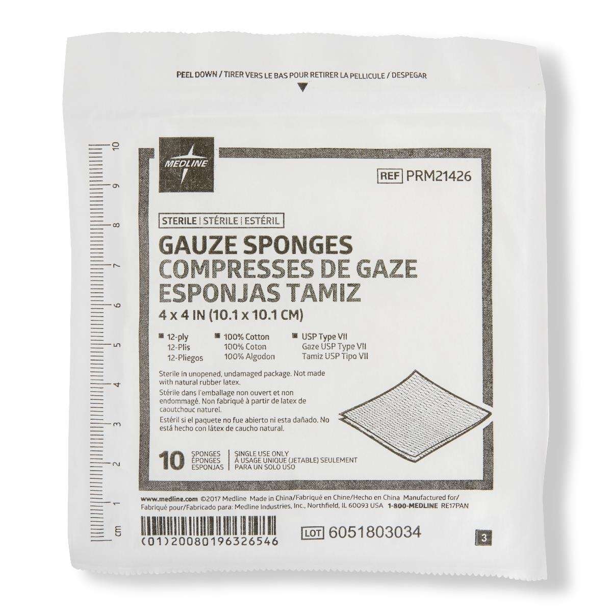 Medline Woven Sterile USP Type VII Gauze Sponges, 12 Ply - Package of 10