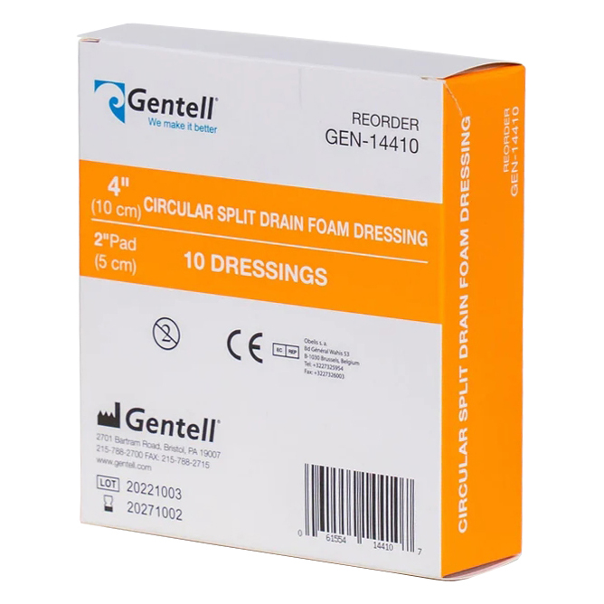 Gentell Circular Split Drain Foam Dressing, 4 Inch - Box of 10
