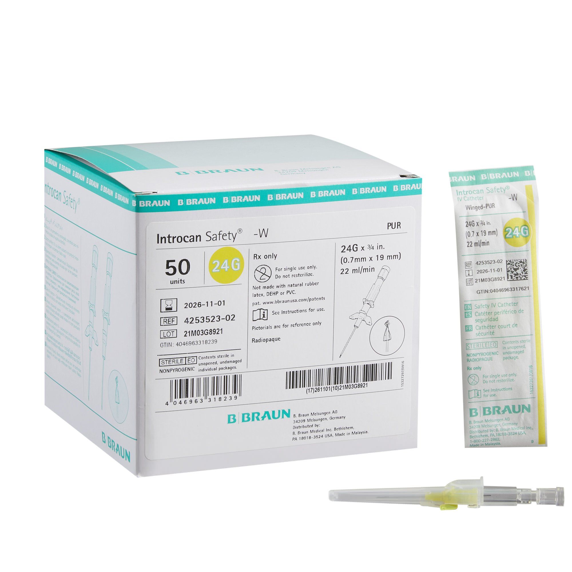 B. Braun Introcan Safety Peripheral IV Catheter, Polyurethane, 24 Gauge ...