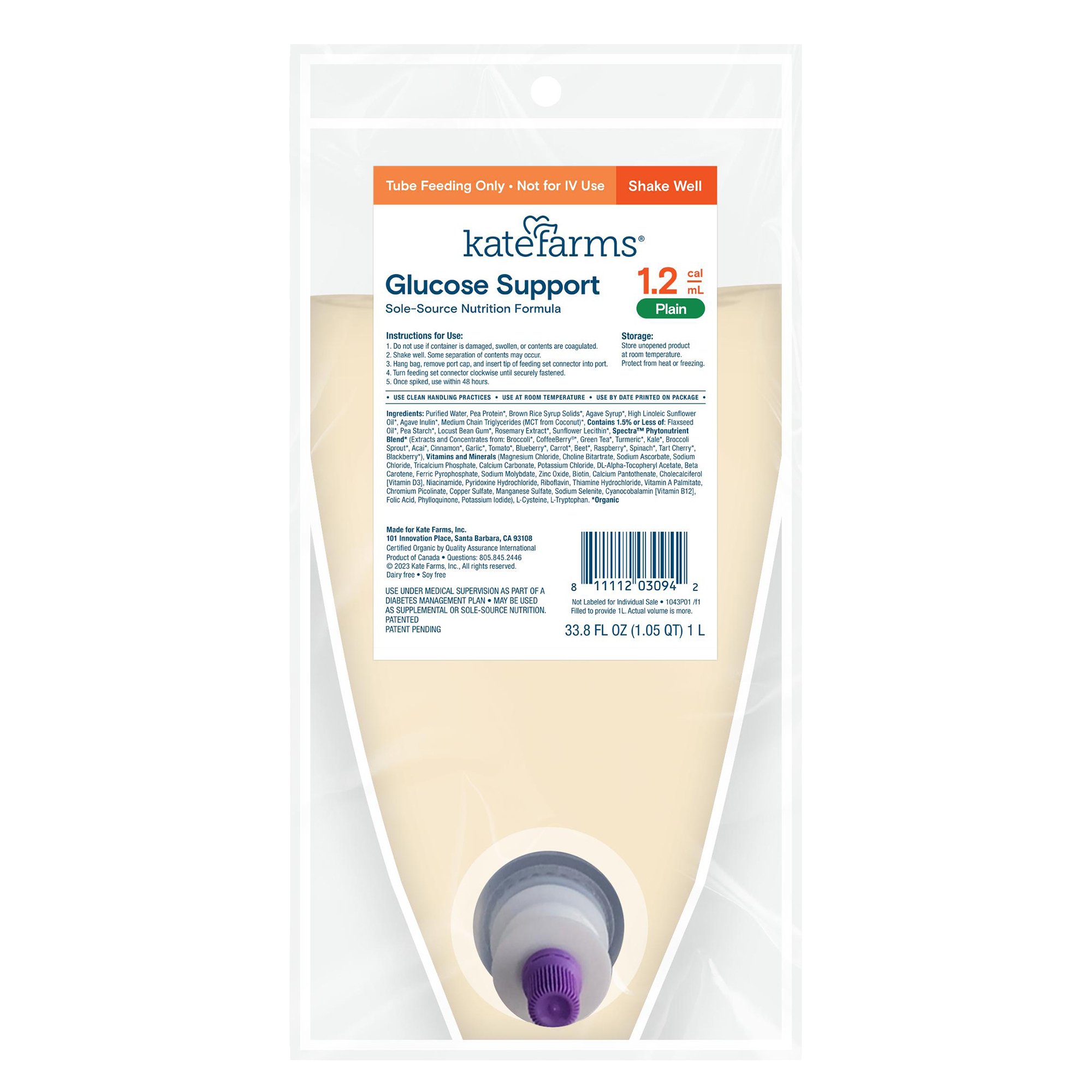 Kate Farms Glucose Support 1.2 Tube Feeding Formula, Plain, 1000 mL ...