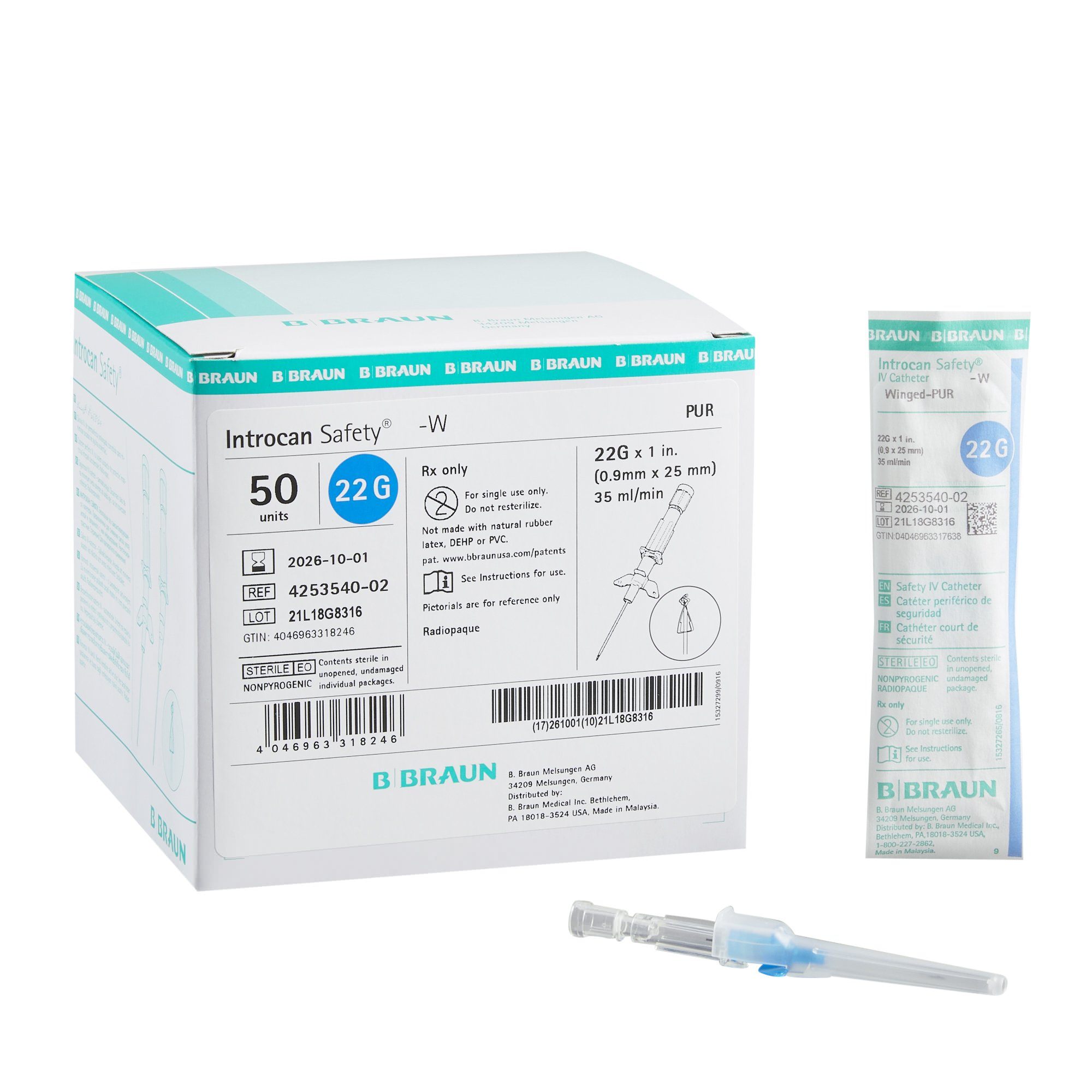 B. Braun Introcan Safety Peripheral IV Catheter, Polyurethane, 22 Gauge ...