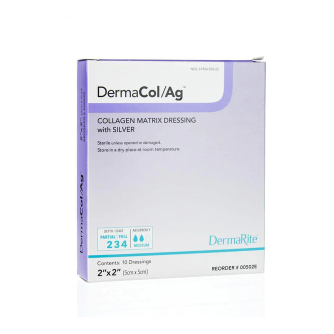 DermaCol-Ag Silver Collagen Matrix Wound Dressing, 2 x 2 Inch - Box of 10