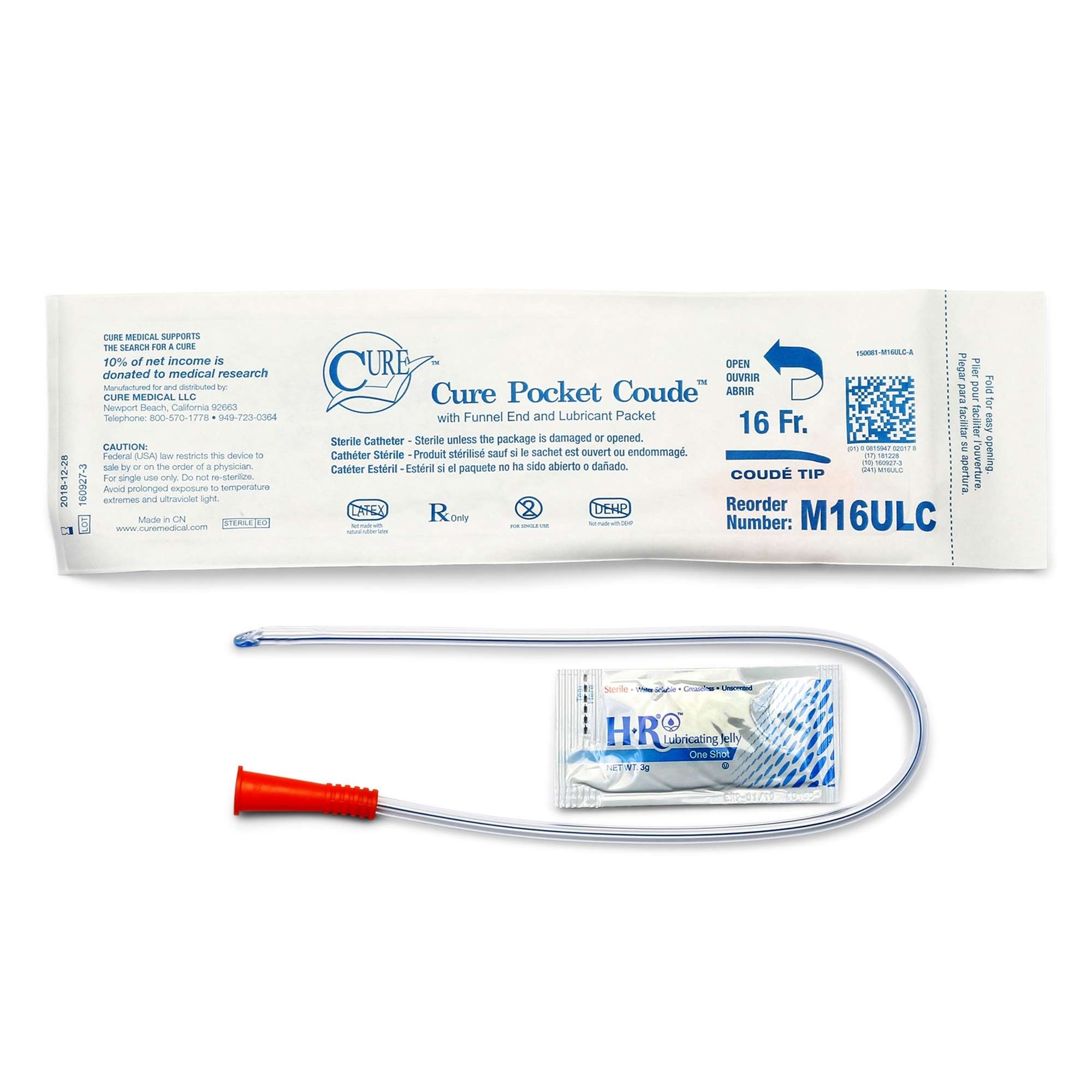 Cure Pocket Catheter for Male with Lubricant, 16 Fr - Box of 30