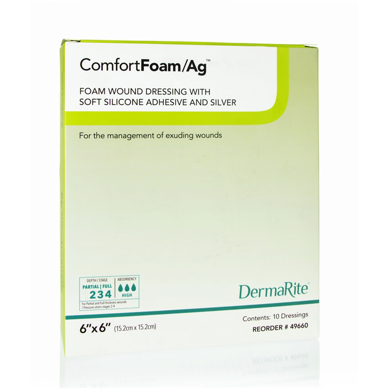 DermaRite ComfortFoam Ag Non-Border Dressing, 6 x 6 Inch