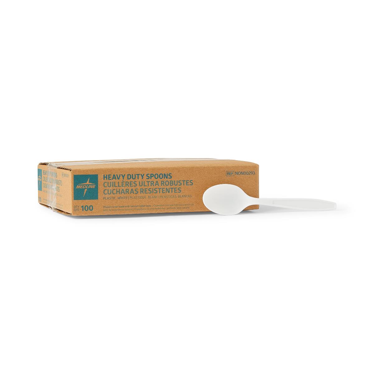 Medline Disposable White Plastic Spoons, 6 Inch, Heavy-Weight - Box of 100