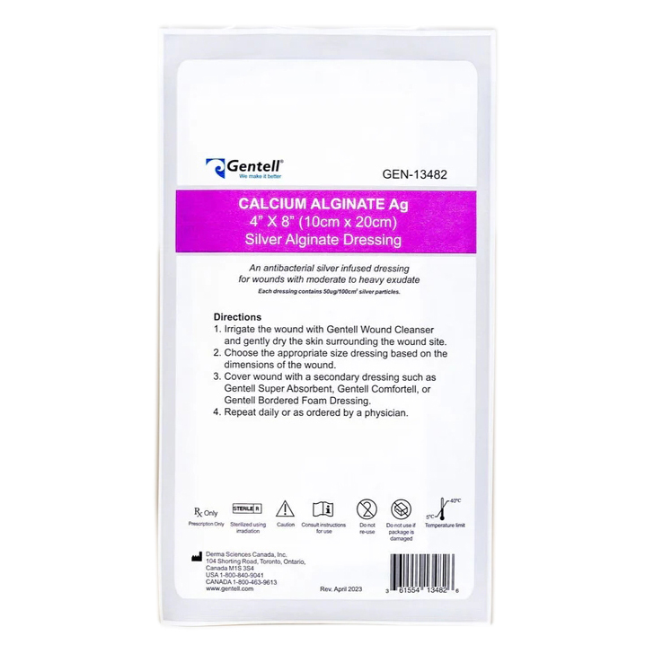 Gentell Calcium Alginate Ag Silver Dressing, 4 x 8 Inch - Each