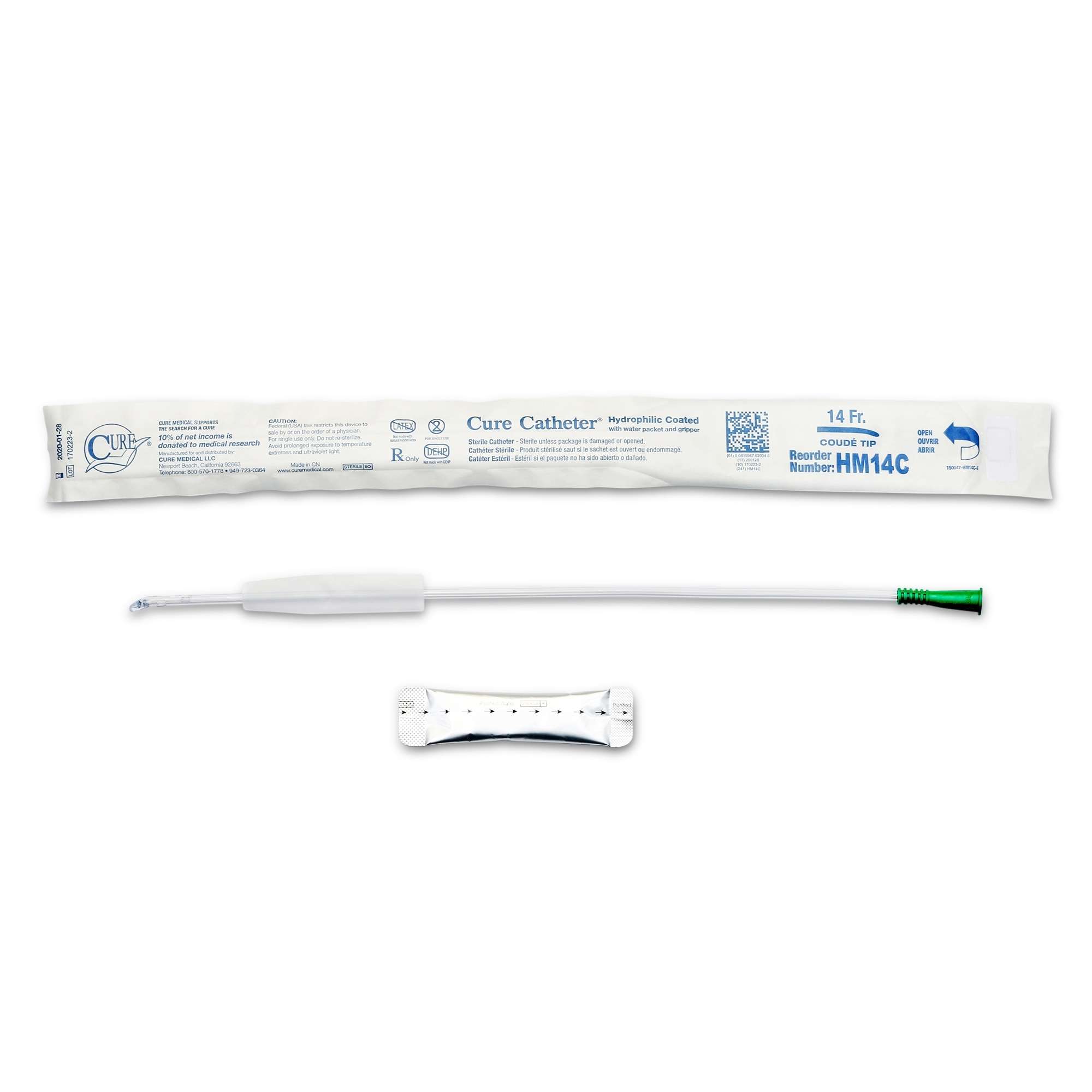 Cure Hydrophilic Catheter for men, Coude Tip, 14 Fr - Case of 300