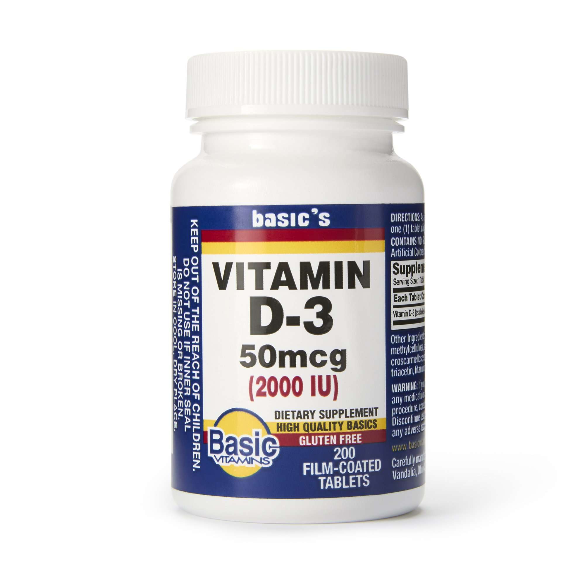 Basic Vitamin D3 Supplement Tablets, 2000 IU Strength - Bottle of 200