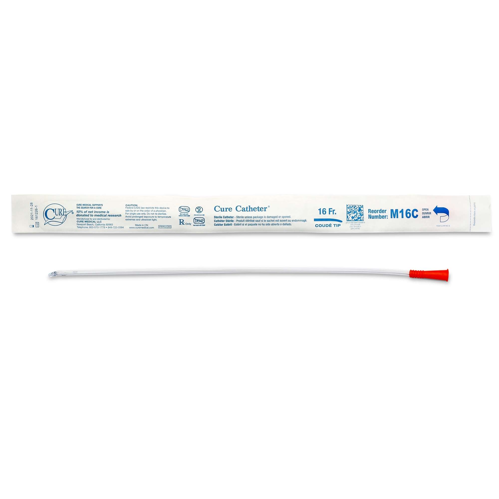 Cure Uncoated PVC Intermittent Catheter for Men, Coude Tip, 16 Fr - Each