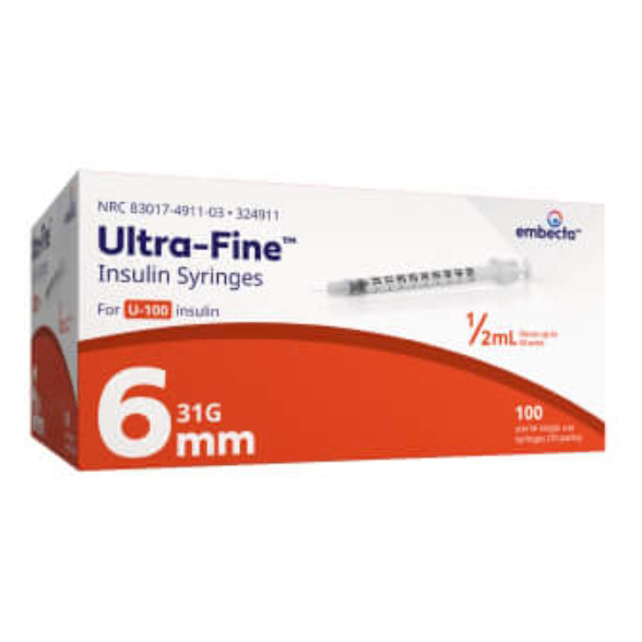 Embecta Ultra-Fine Insulin Syringes, 31 Gauge, 6 mm, 0.5 mL - Case of 500