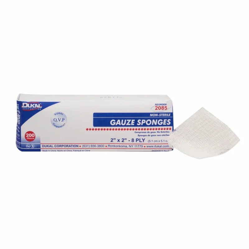 Dukal Cotton Gauze Sponge, 8 Ply, Non Sterile, 2 x 2 Inch - Box of 200