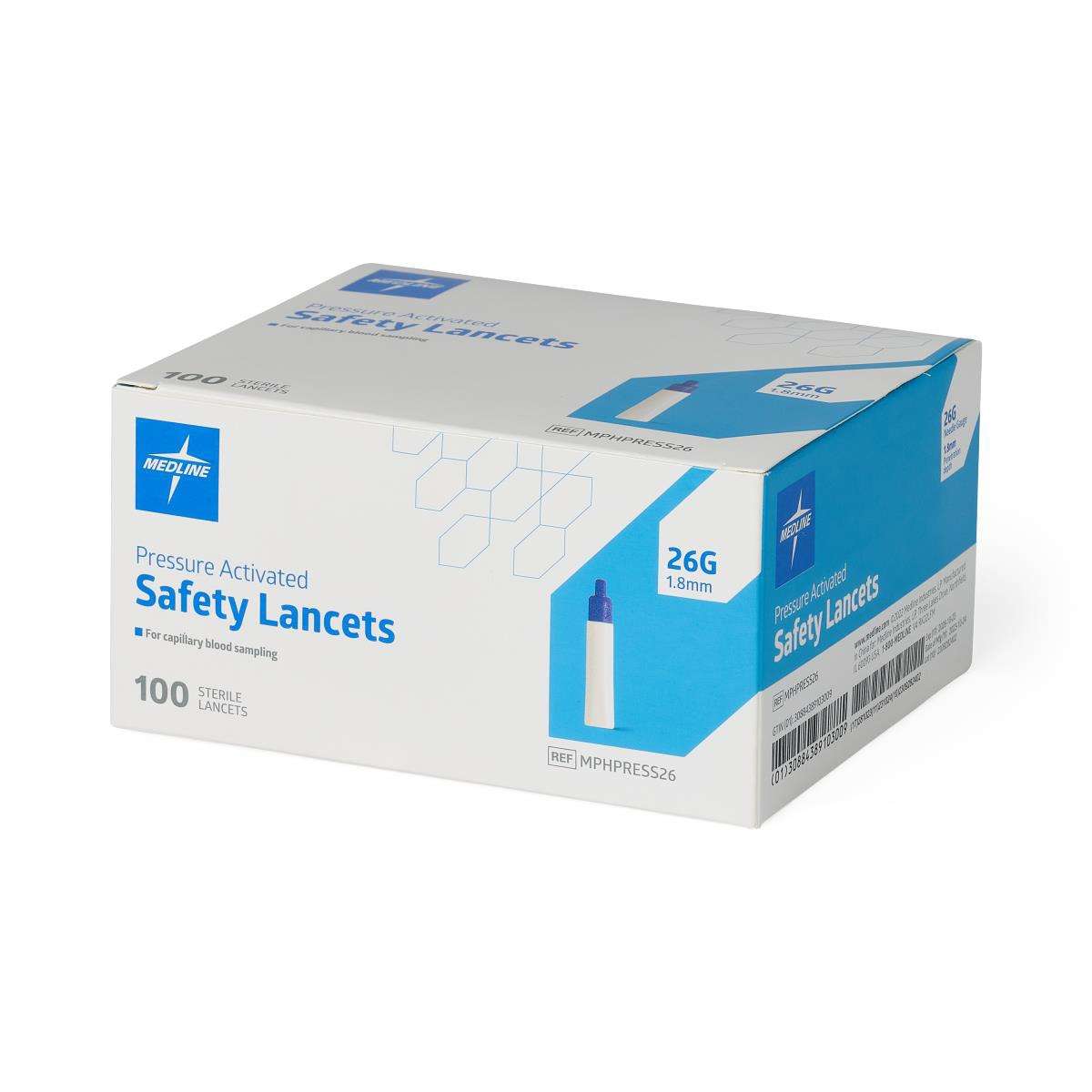 Medline Sterile Safety Lancets, with Pressure Activation, 26G x 1.8 mm ...