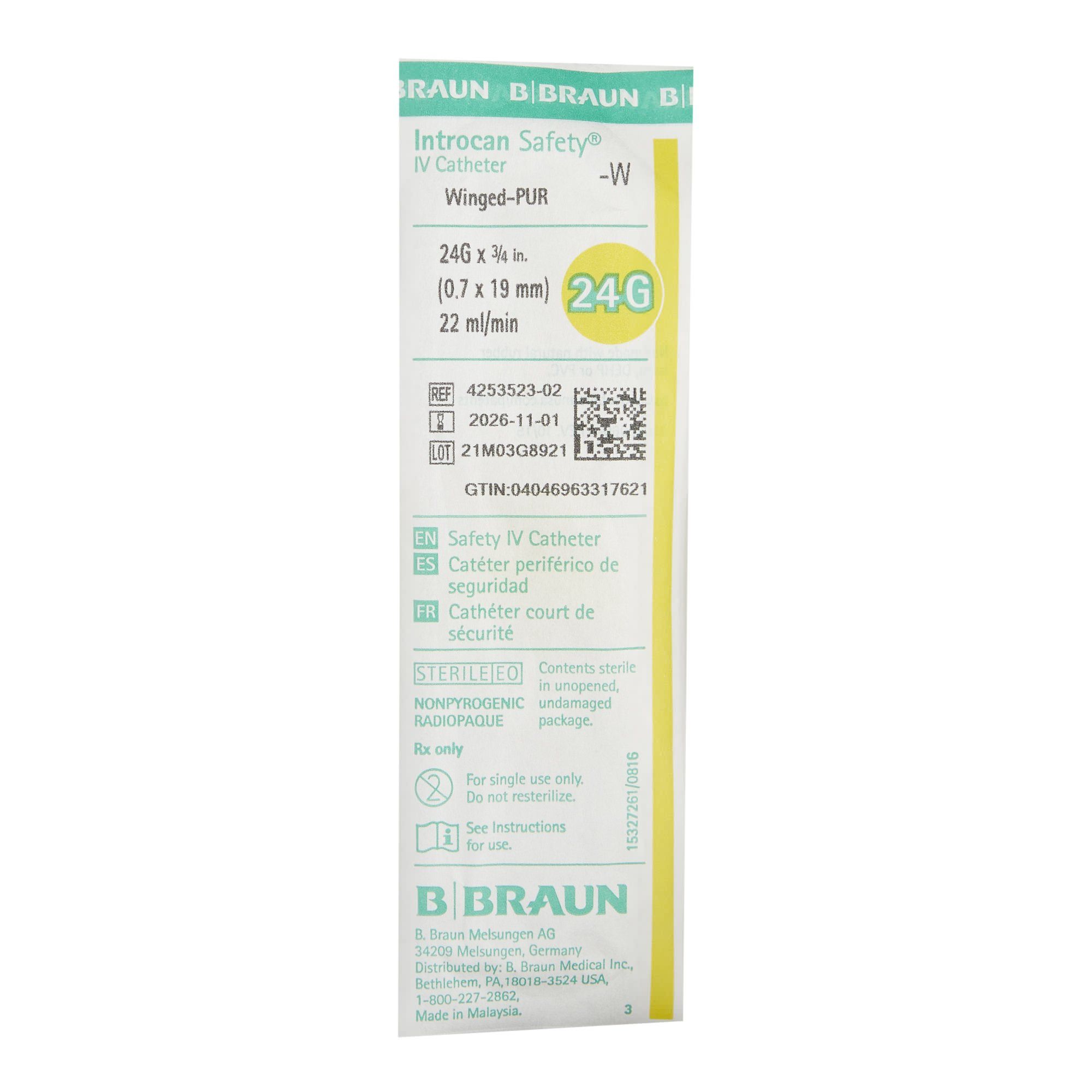 B. Braun Introcan Safety Peripheral IV Catheter, Polyurethane, 24 Gauge ...