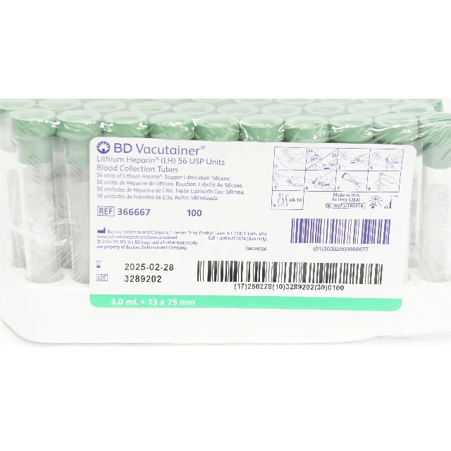 BD Vacutainer Lithium Heparin Tubes, 13 x 75 mm, 3 mL - Box of 100