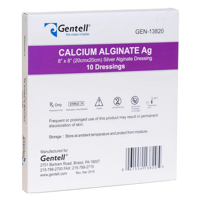 Gentell Calcium Alginate Ag Silver Dressing, 8 x 8 Inch - Box of 10