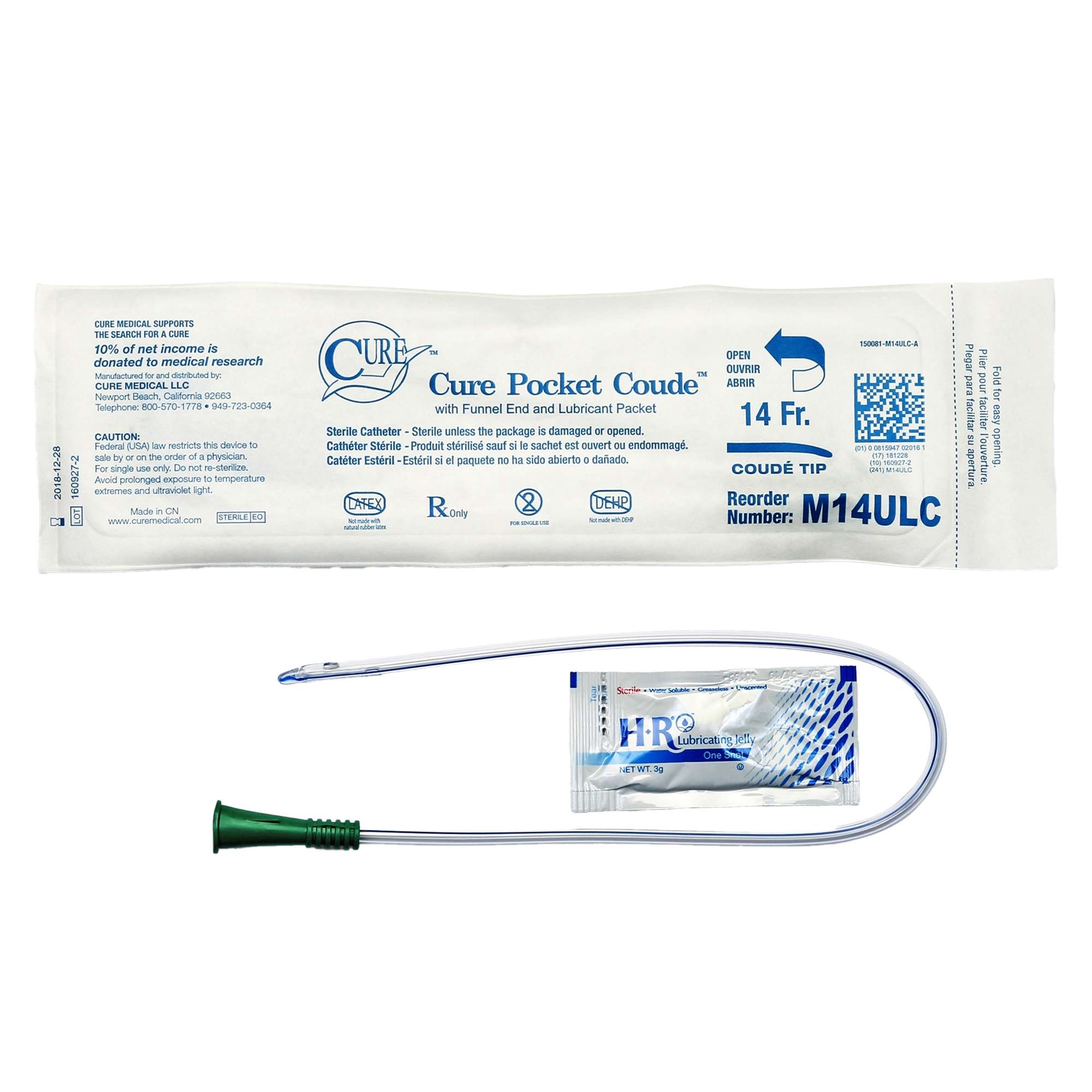 Cure Pocket Catheter for Male with Lubricant, Coude Tip, 14 Fr - Box of 30
