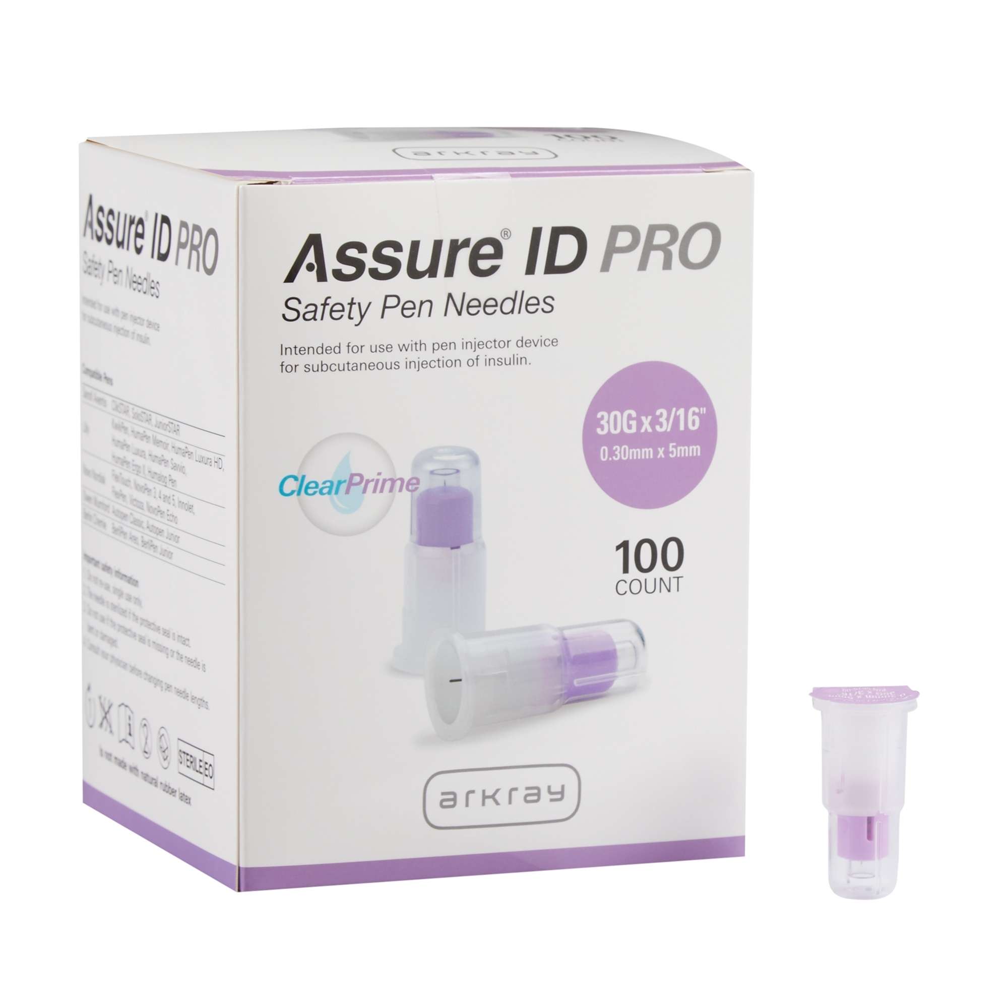 Arkray Assure ID Pro Safety Insulin Pen Needle, 30 Gauge - Box of 100