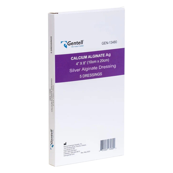 Gentell Calcium Alginate Ag Silver Dressing, 4 x 8 Inch - Box of 5