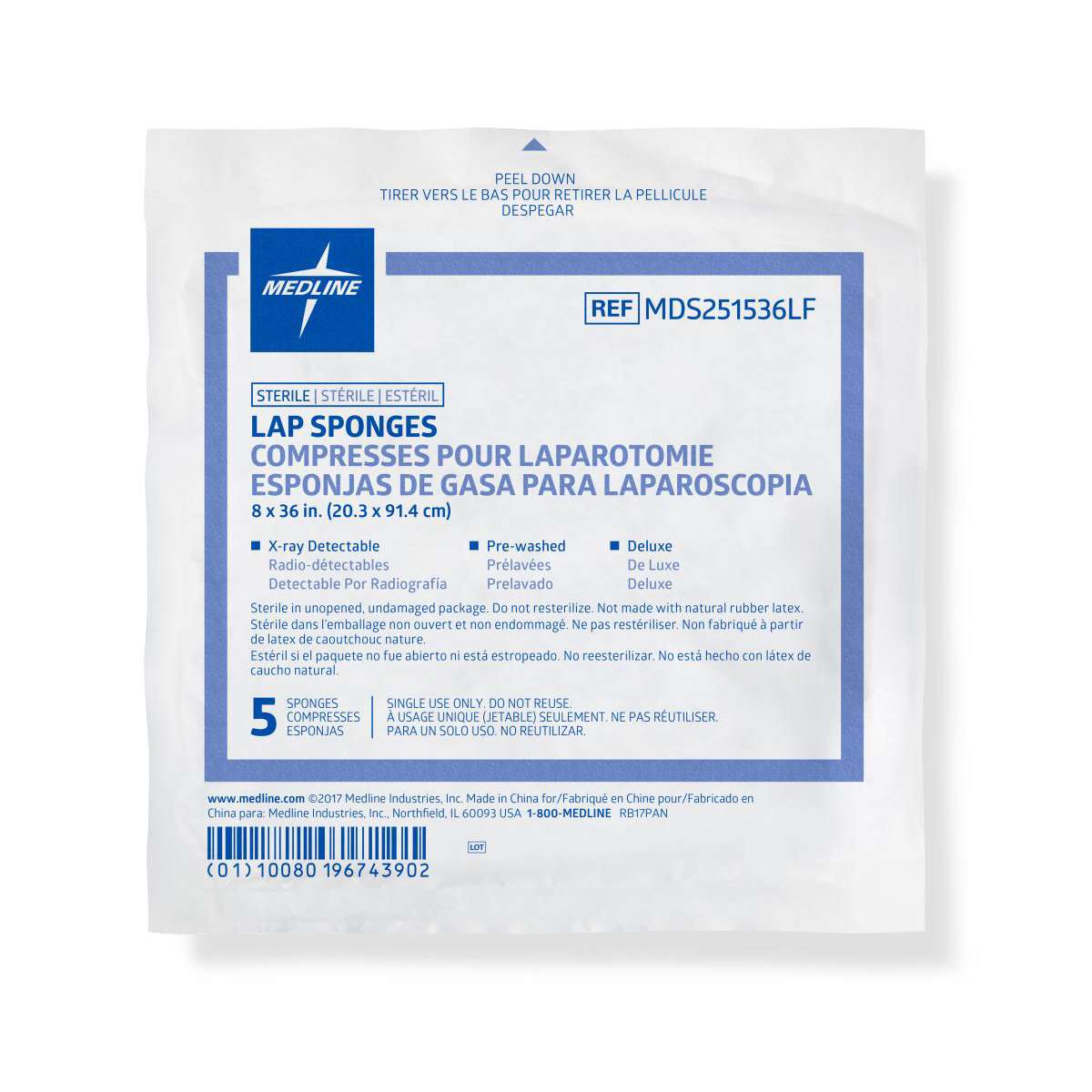 Medline X-Ray Detectable Sterile Lap Sponge, 8" x 36" - Case of 200