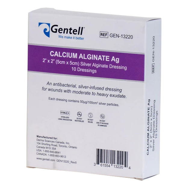 Gentell Calcium Alginate Ag Silver Dressing, 2 x 2 Inch - Box of 10