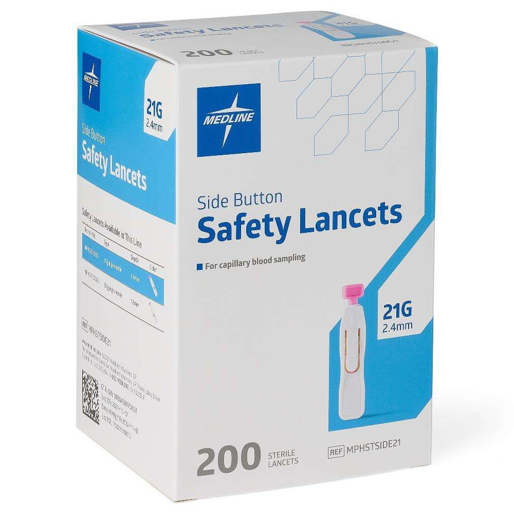 Medline Safety Lancets 21G x 2.4mm, Side-Button Activation