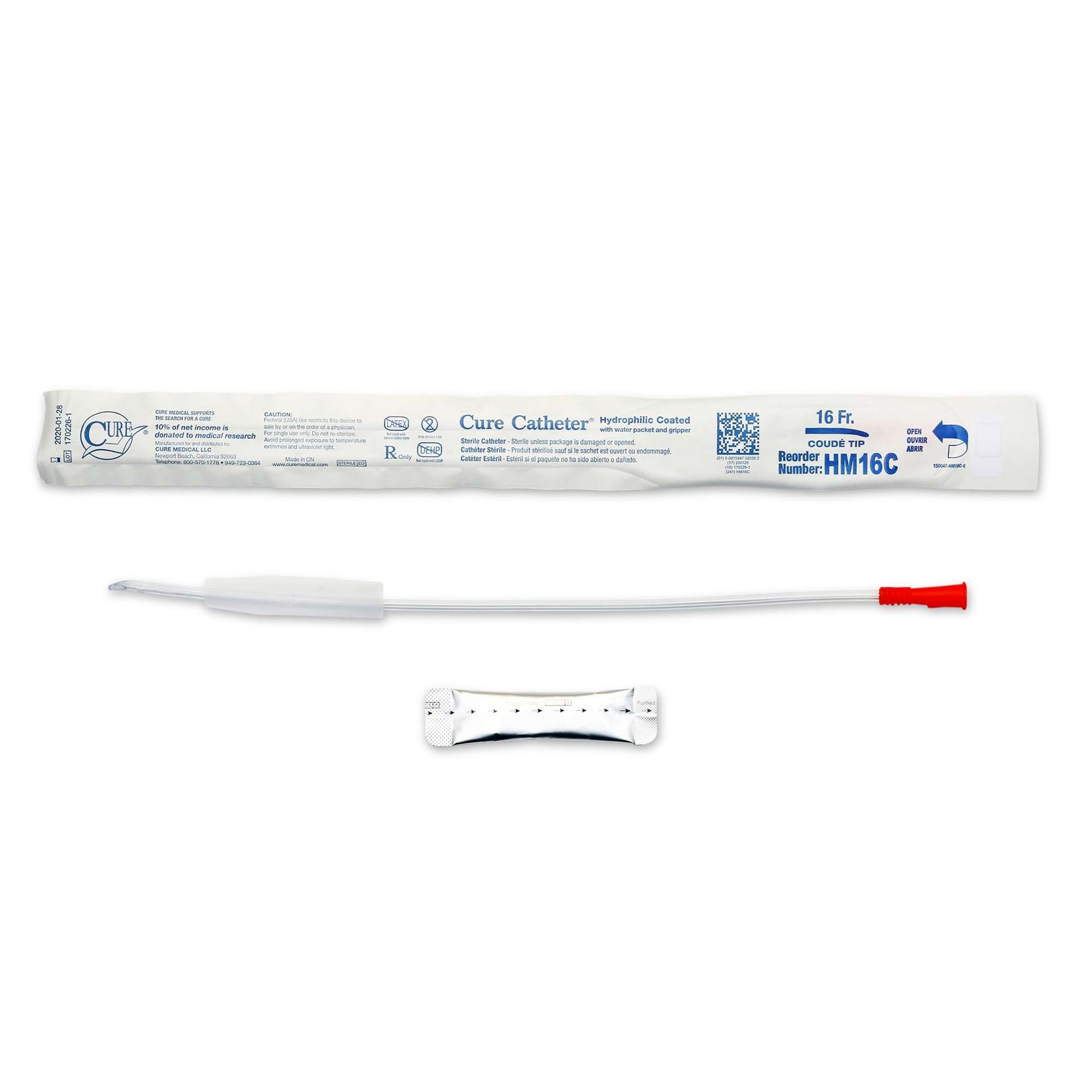Cure Hydrophilic Catheter for men, Coude Tip, 16 Fr - Case of 300