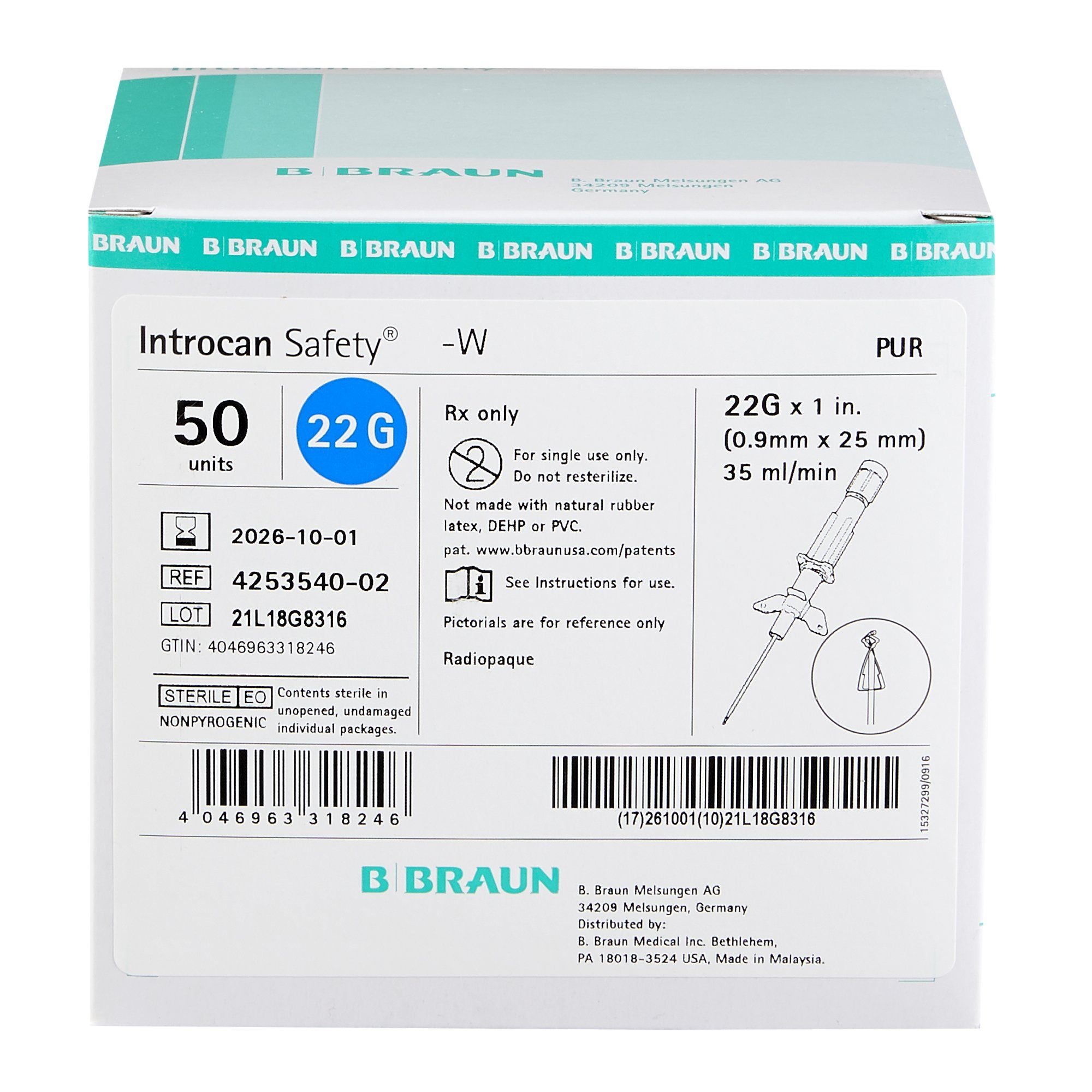 B. Braun Introcan Safety Peripheral IV Catheter, Polyurethane, 22 Gauge ...