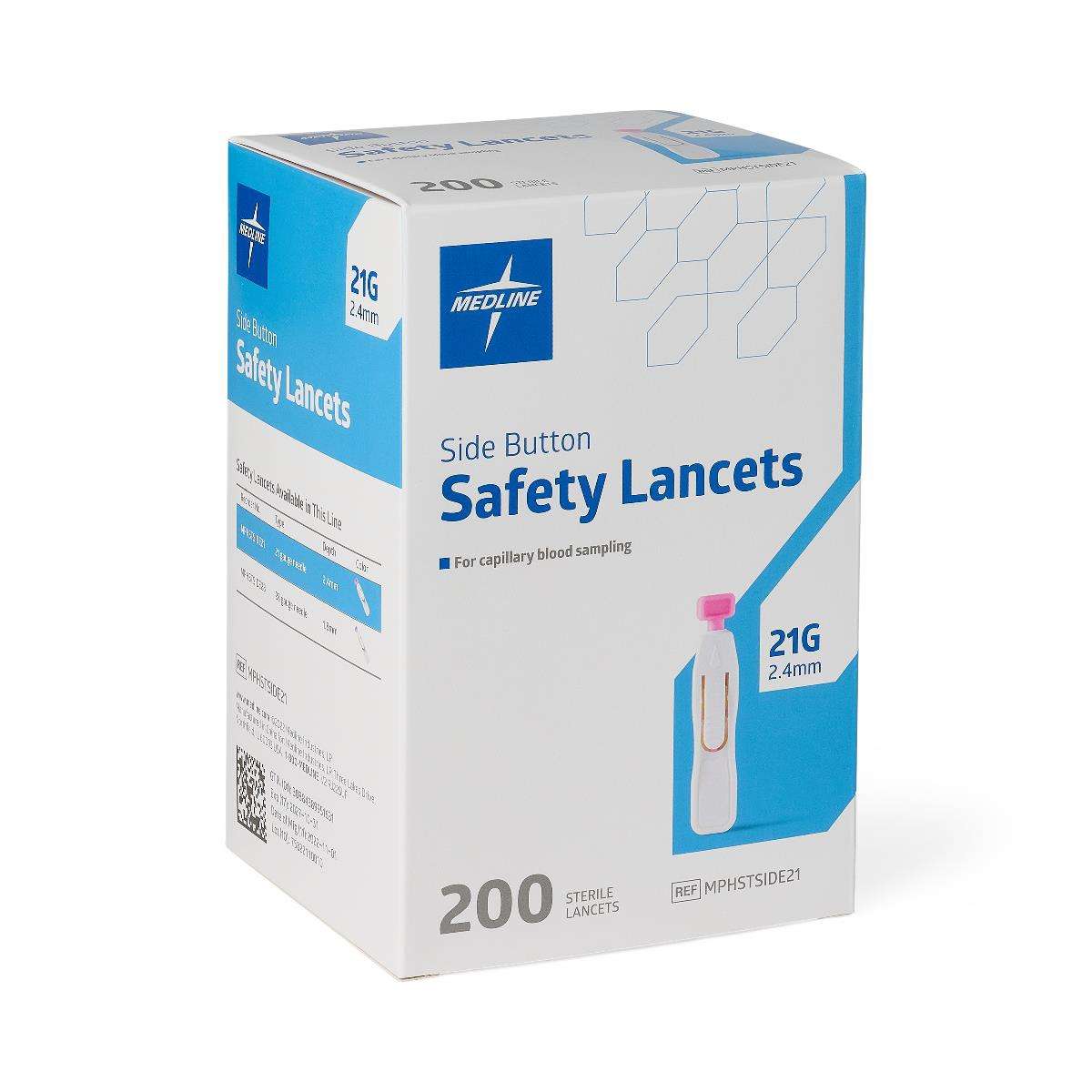 Medline Sterile Safety Lancets, with Side-Button Activation, 21G x 2.4 ...