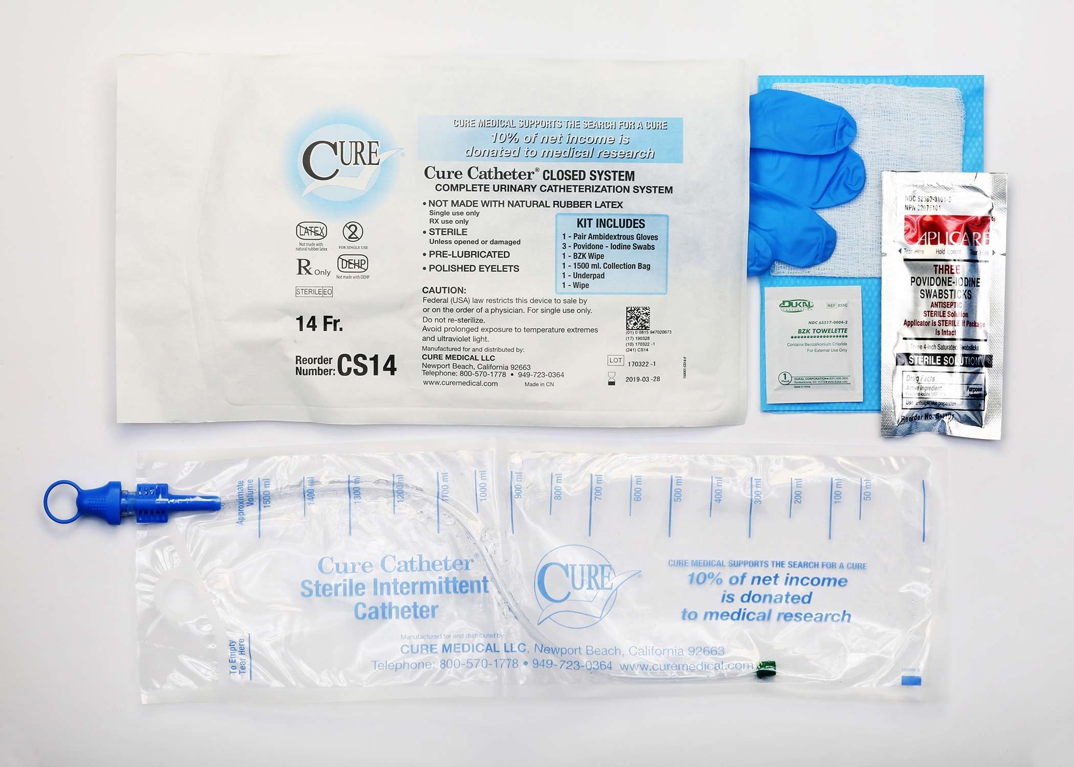 Cure Closed System Intermittent Catheter Kit, 14 Fr - Case of 100
