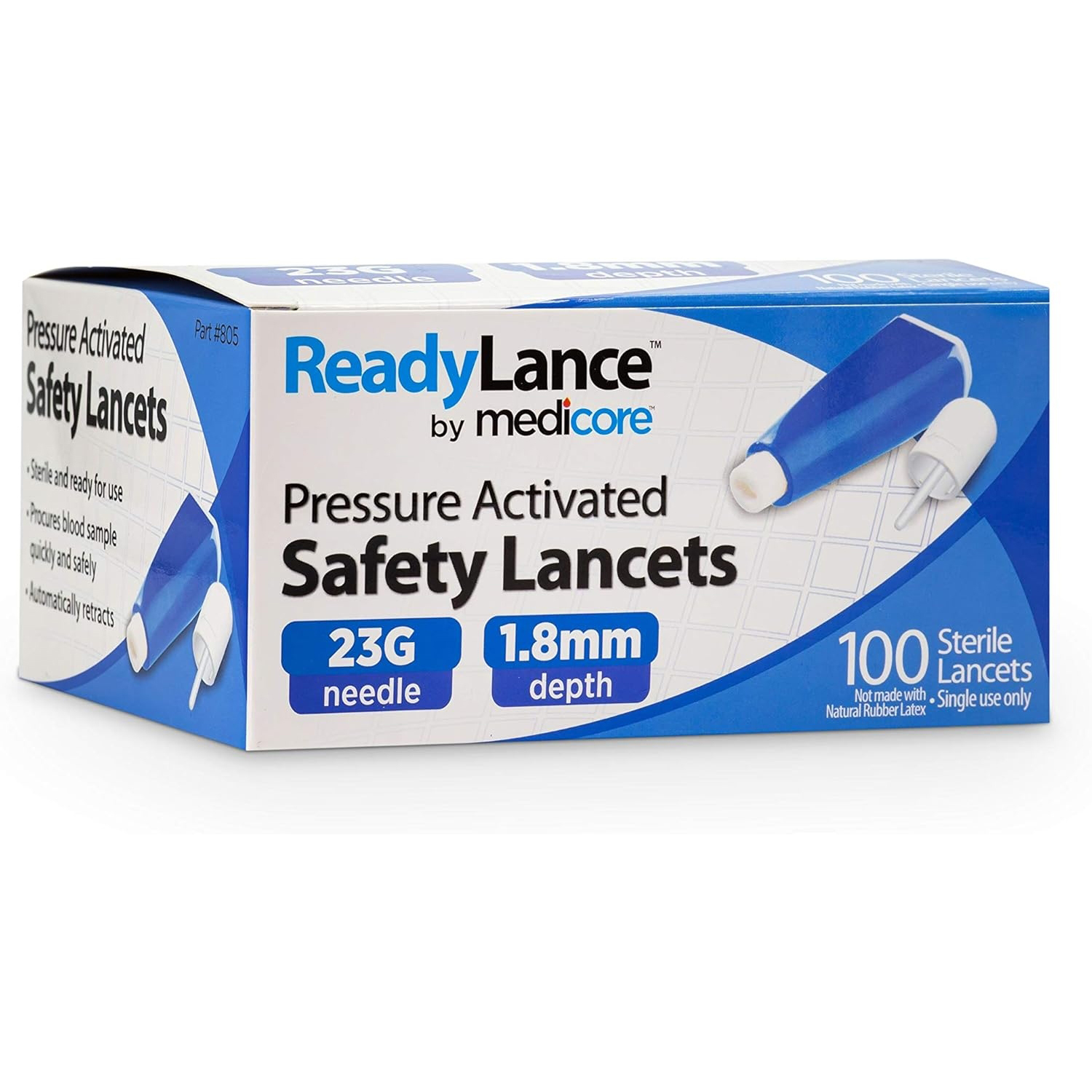 ReadyLance Pressure Activated Safety Lancet, Blue, 23 Gauge - Box of 100