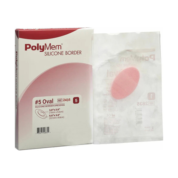 PolyMem Oval Shape Silicone Border Foam Dressing, 3.5 x 5 Inch - Case of 25