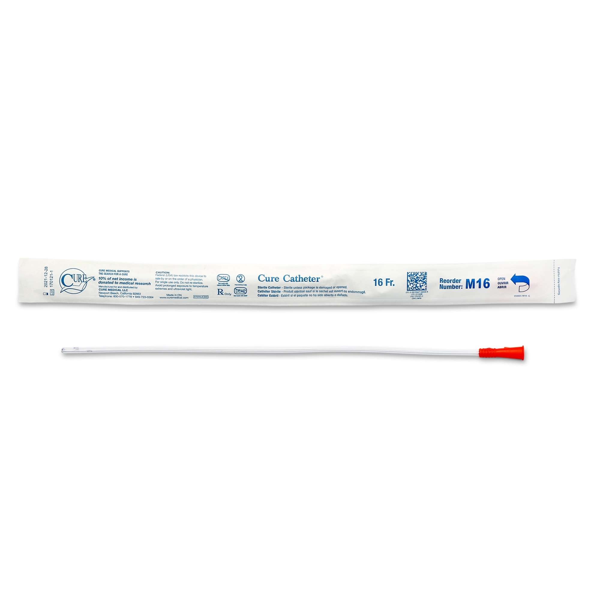 Cure Uncoated PVC Intermittent Catheter for Men, 16 Fr - Each