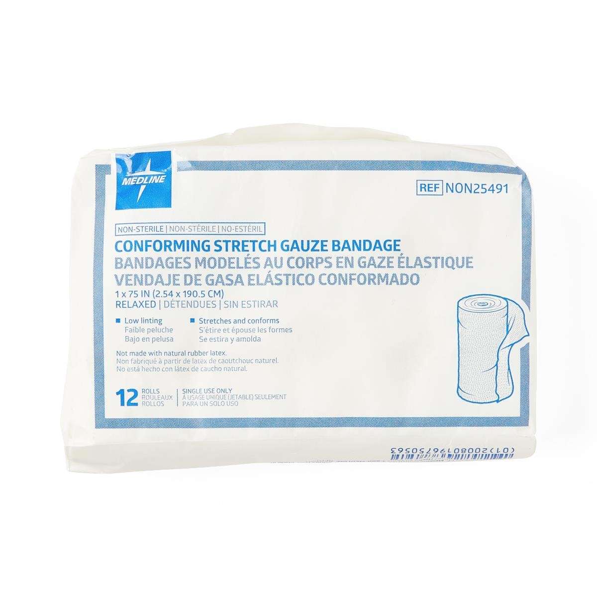 Medline Nonsterile Conforming Stretch Gauze Bandages, 1" x 75" - Case of 96